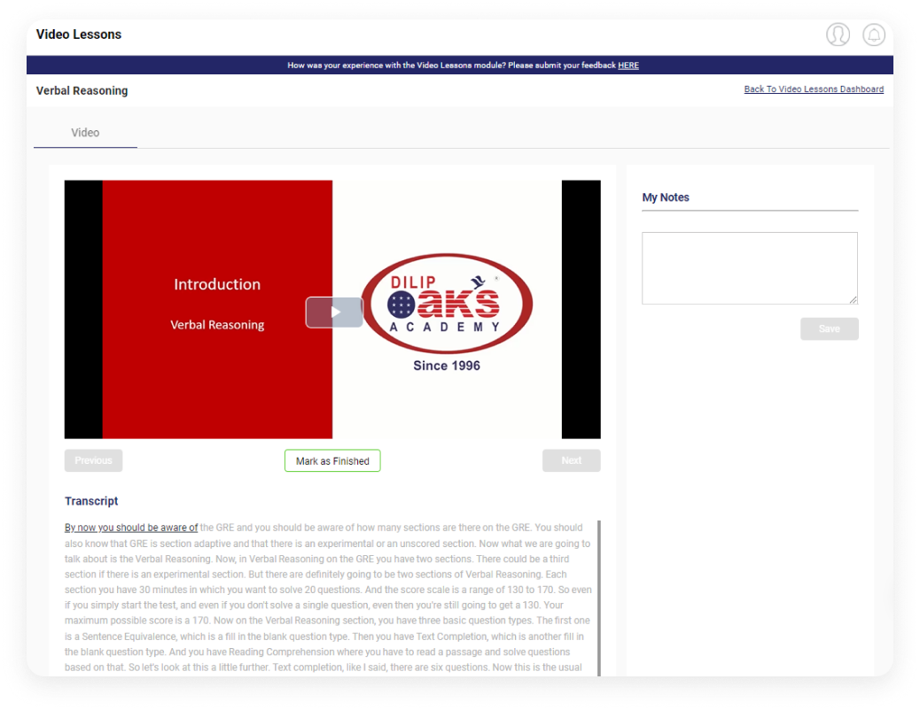 GRE Self Prep: online recorded videos for self paced learning - Dilip Oak's Academy, Pune